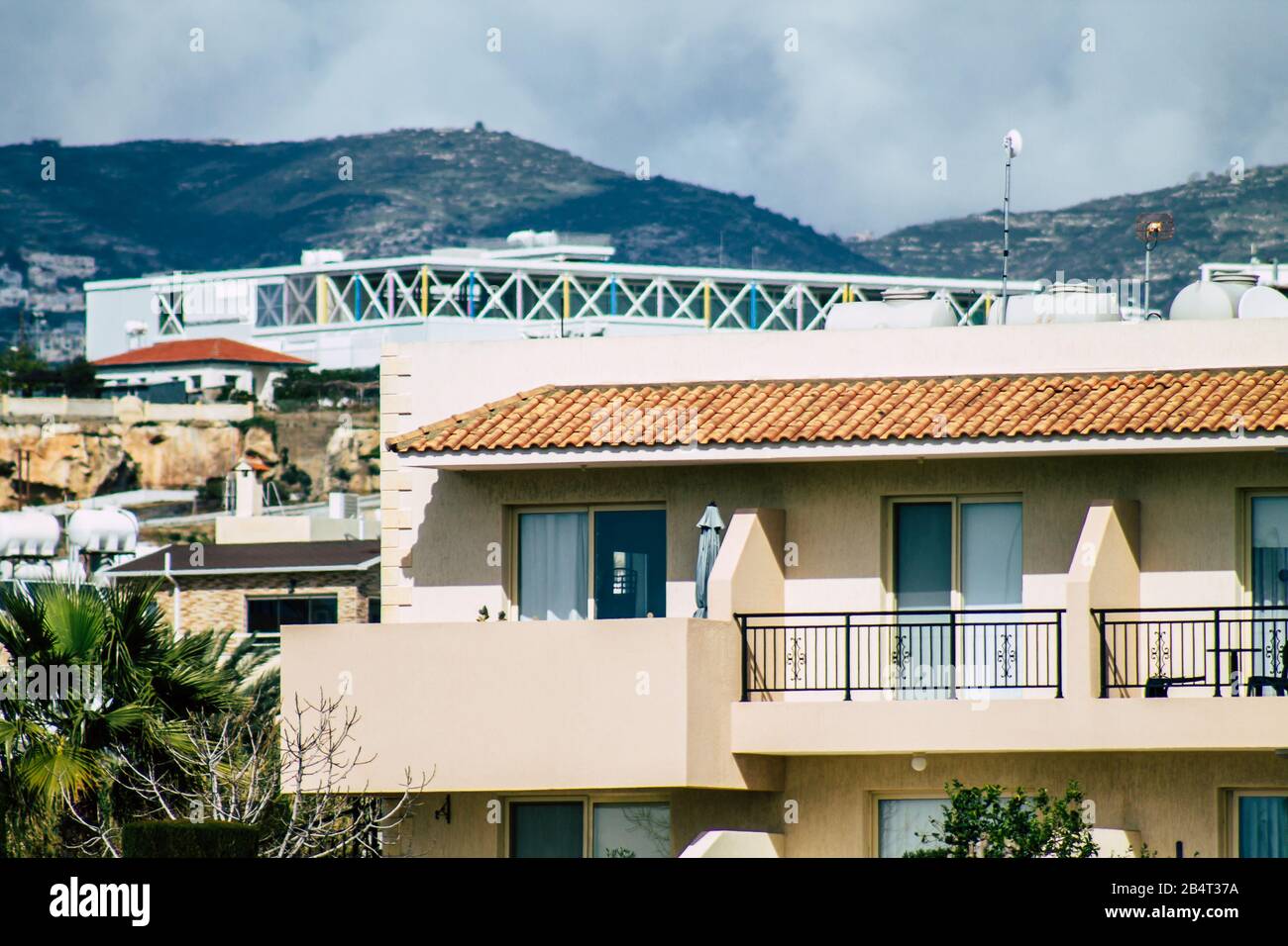 Paphos Cyprus March 06, 2020 View of a facade of a building in the ...