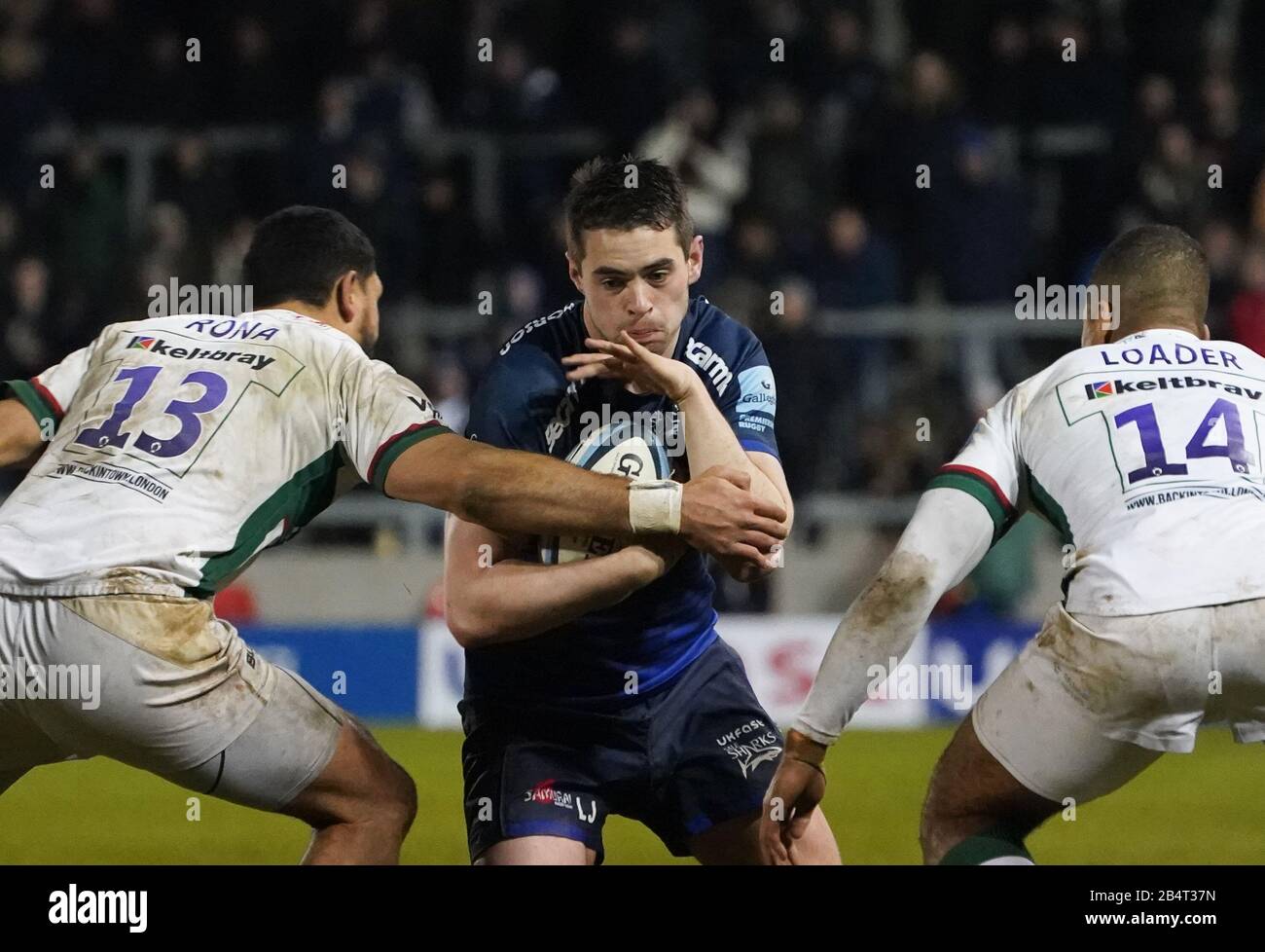 Sale Sharks centre Luke James looks for a gap between London Irish ...