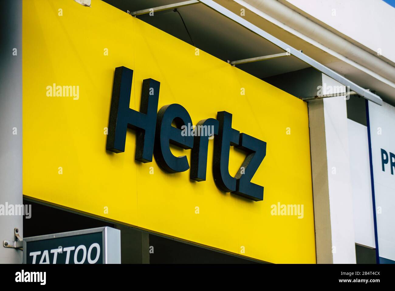 Paphos Cyprus March 06, 2020 View of a commercial sign in the streets ...