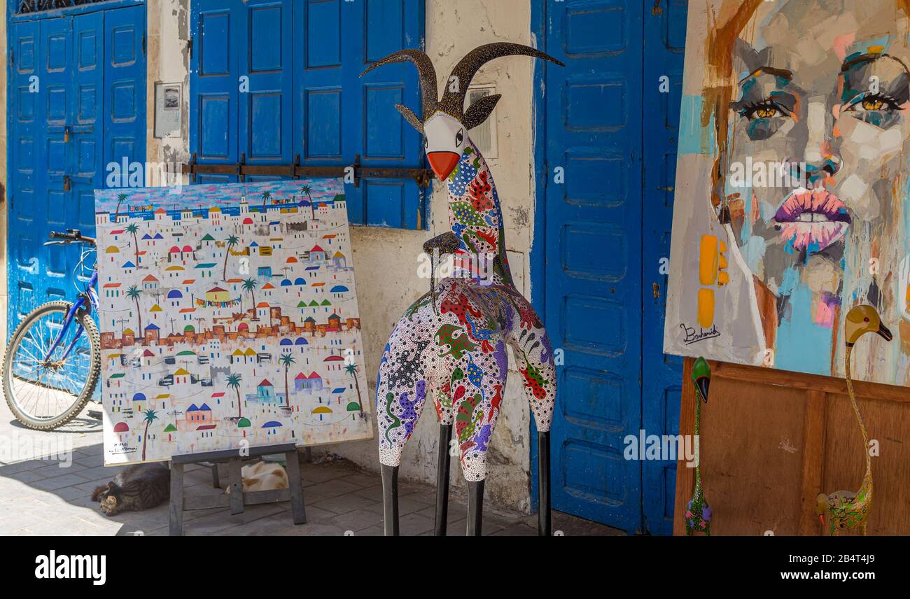 Unusual artwork on sale in the bazaar of Essaouira Medina.The whole ...