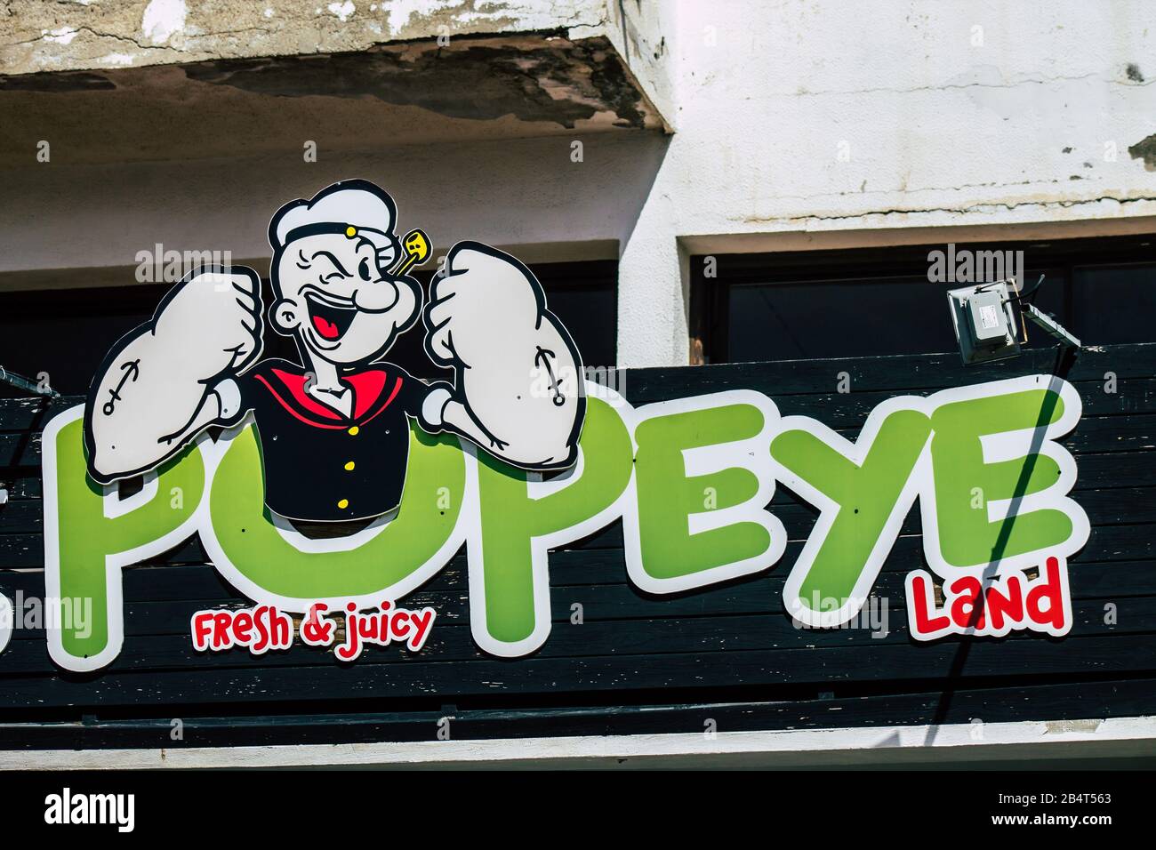 Paphos Cyprus March 06, 2020 View of a commercial sign in the streets ...