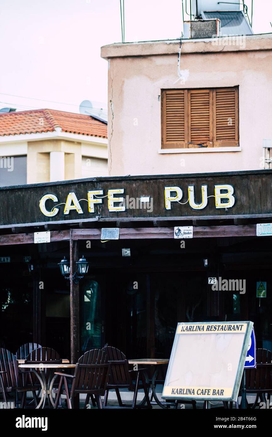 Paphos Cyprus March 06, 2020 View of a commercial sign in the streets ...
