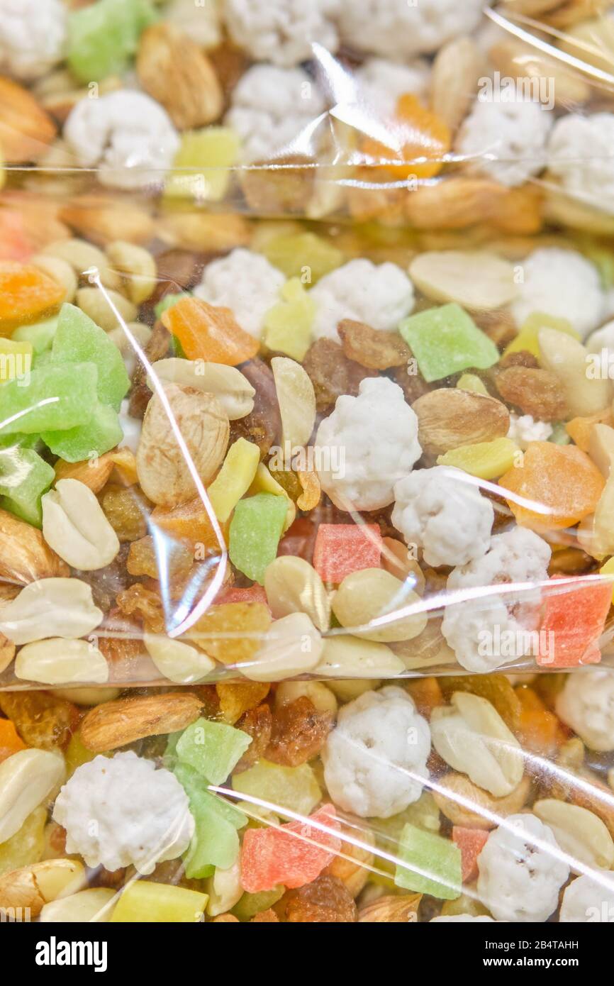 Dried fruits packed in transparent packaging. Close up Stock Photo - Alamy
