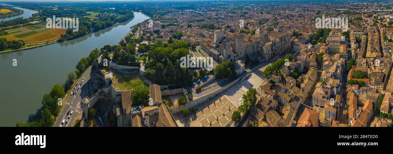 Aerial view of Rhone river and Avignon historical city, France Stock ...