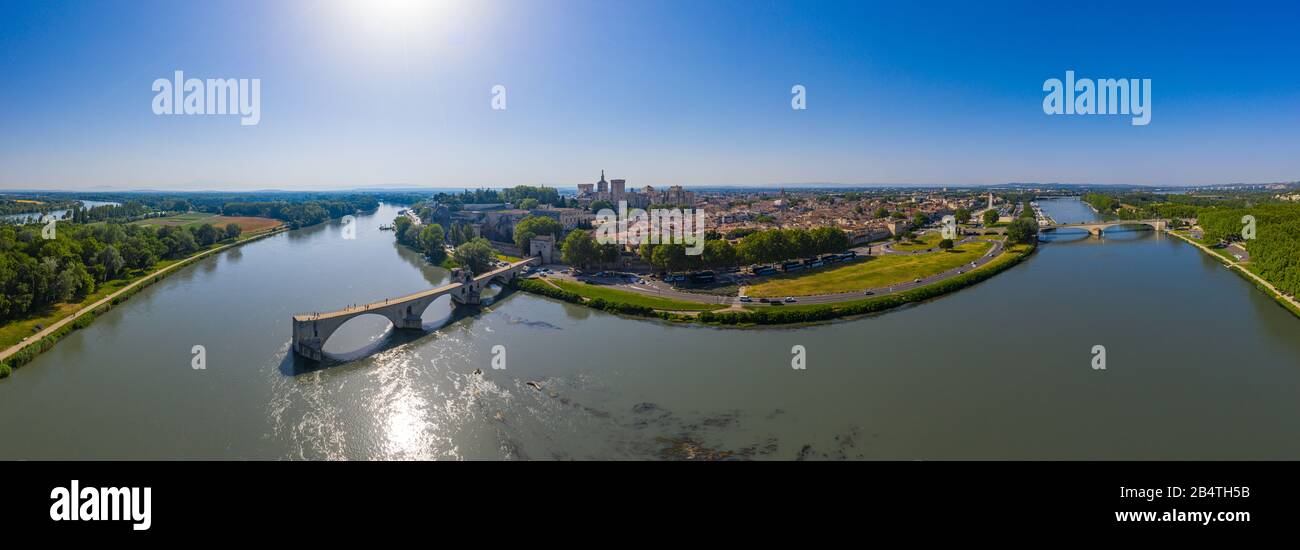 Panoramic aerial view of Rhone river and famous historical bridge Stock ...