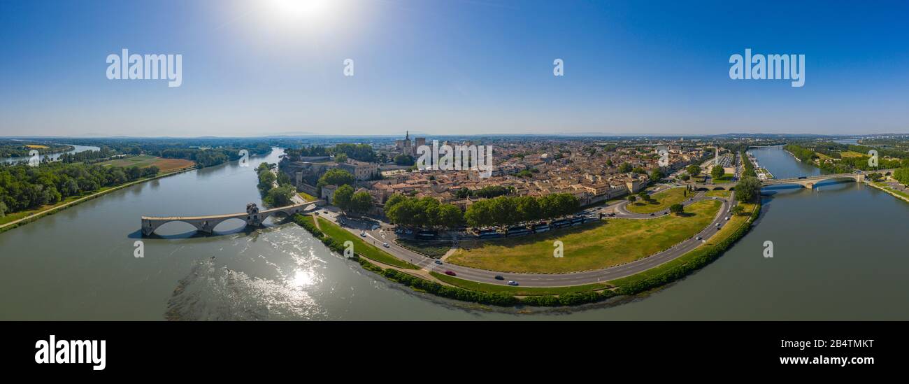 Panorama aerial scenery of Rhone river and Avignon historical city ...
