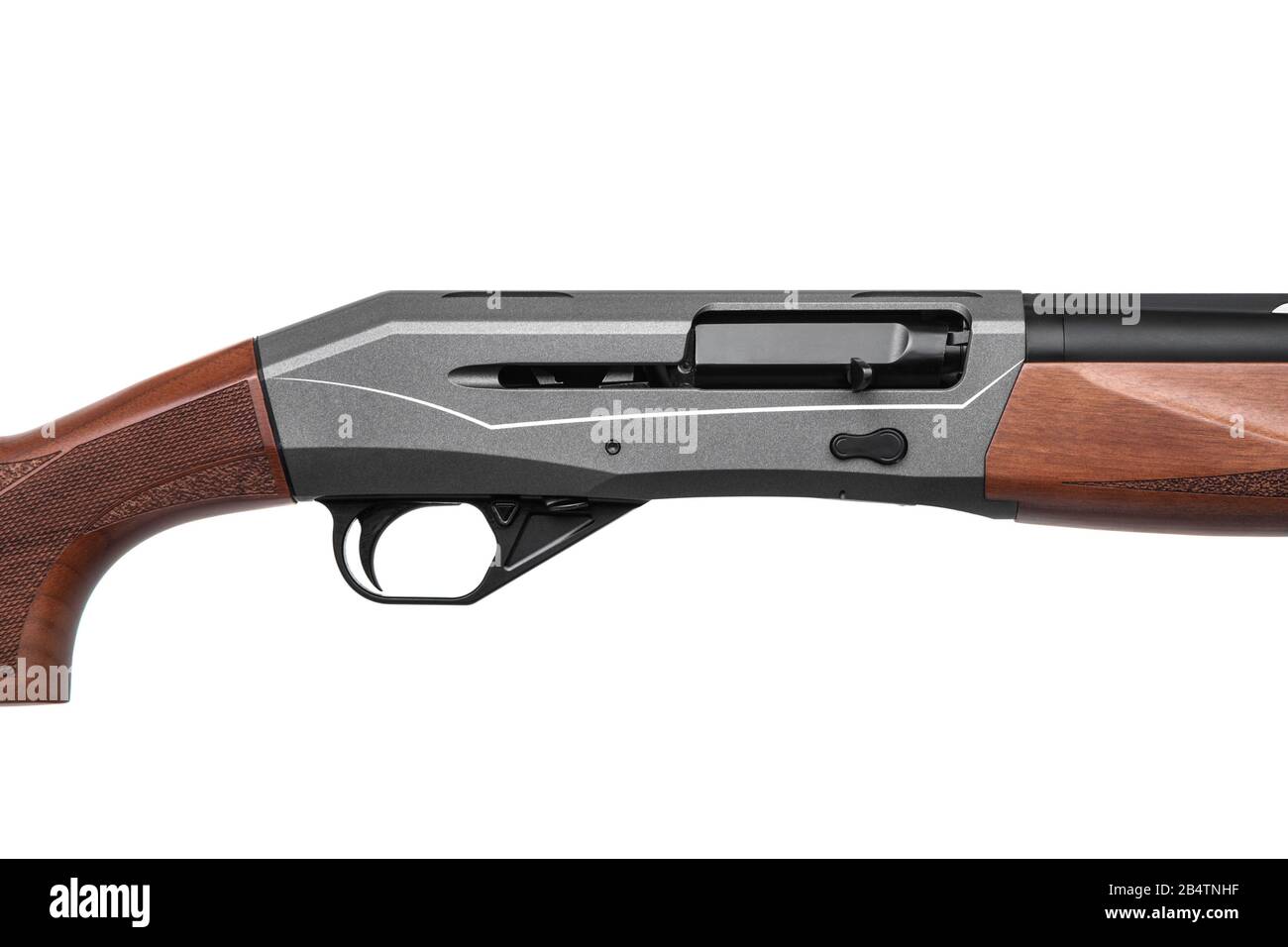Closeup shotgun shutter. Hunting semi-automatic shotgun with wooden ...