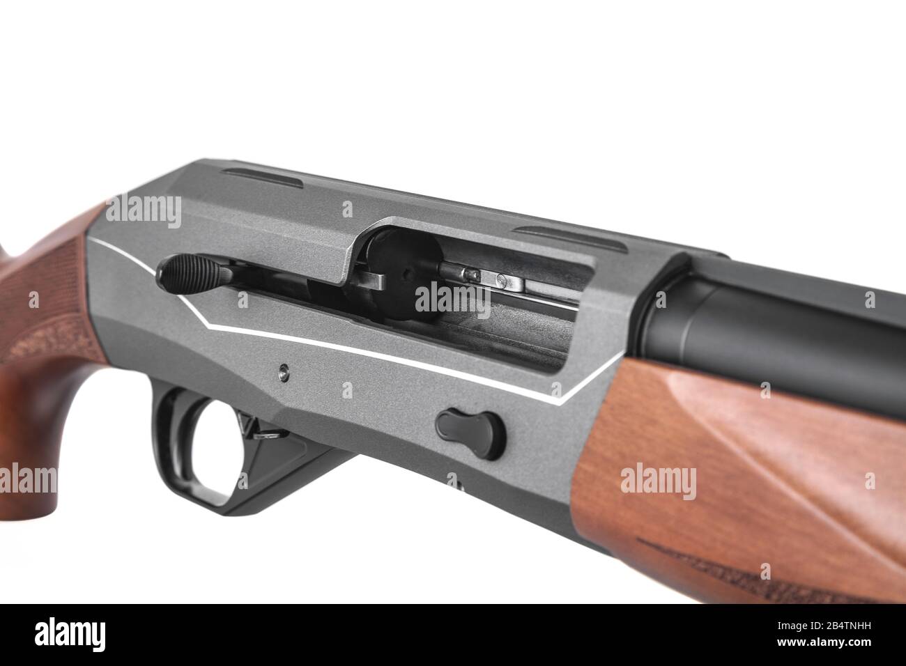 Closeup shotgun shutter. Hunting semi-automatic shotgun with wooden ...