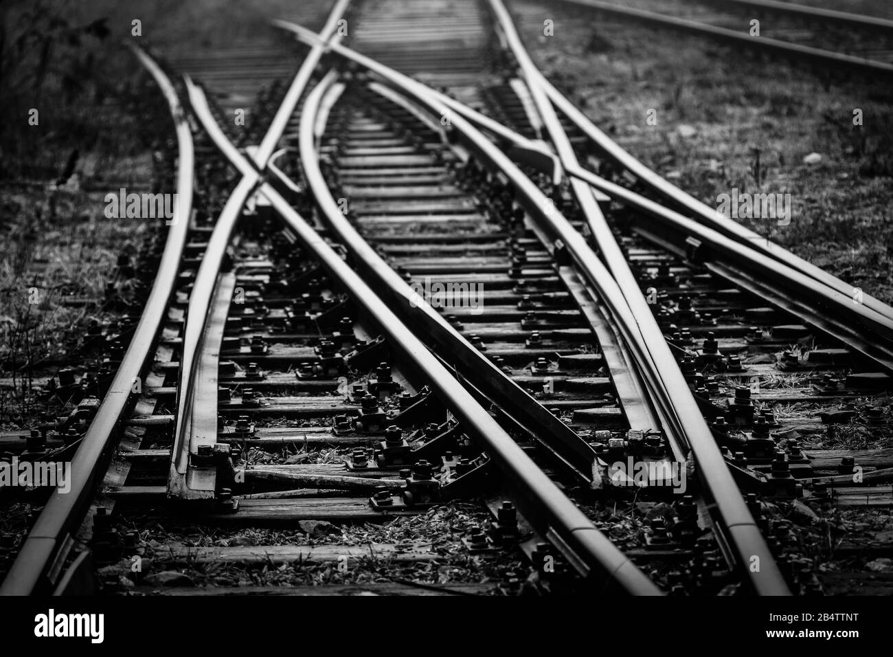 Railroad Track Switches at railway junction - monochrome image Stock ...