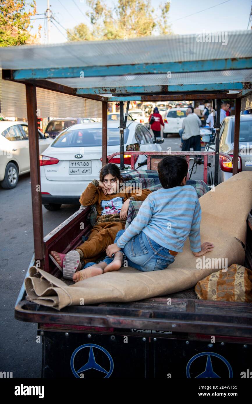 Iraq, Iraqi Kurdistan, Arbil, Erbil. Kids are lying down on the back of ...
