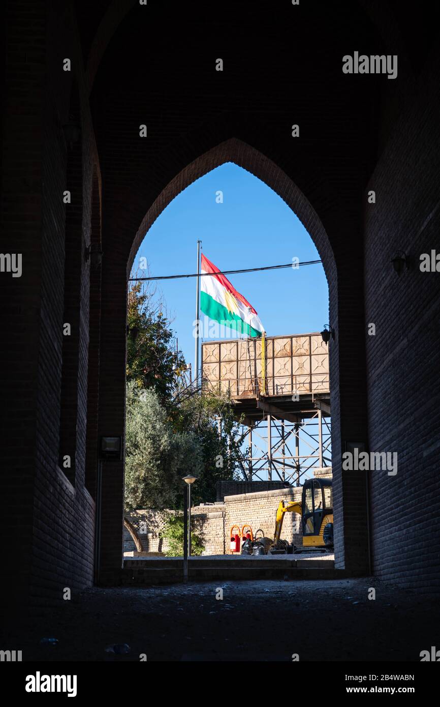Iraq, Iraqi Kurdistan, Arbil, Erbil. View from under the arch marking ...