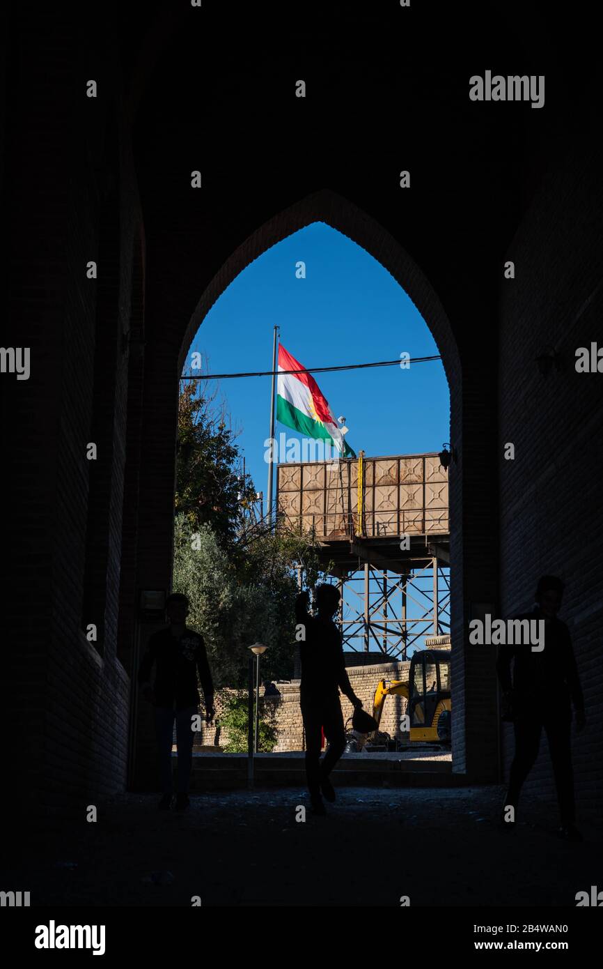 Iraq, Iraqi Kurdistan, Arbil, Erbil. View from under the arch marking ...