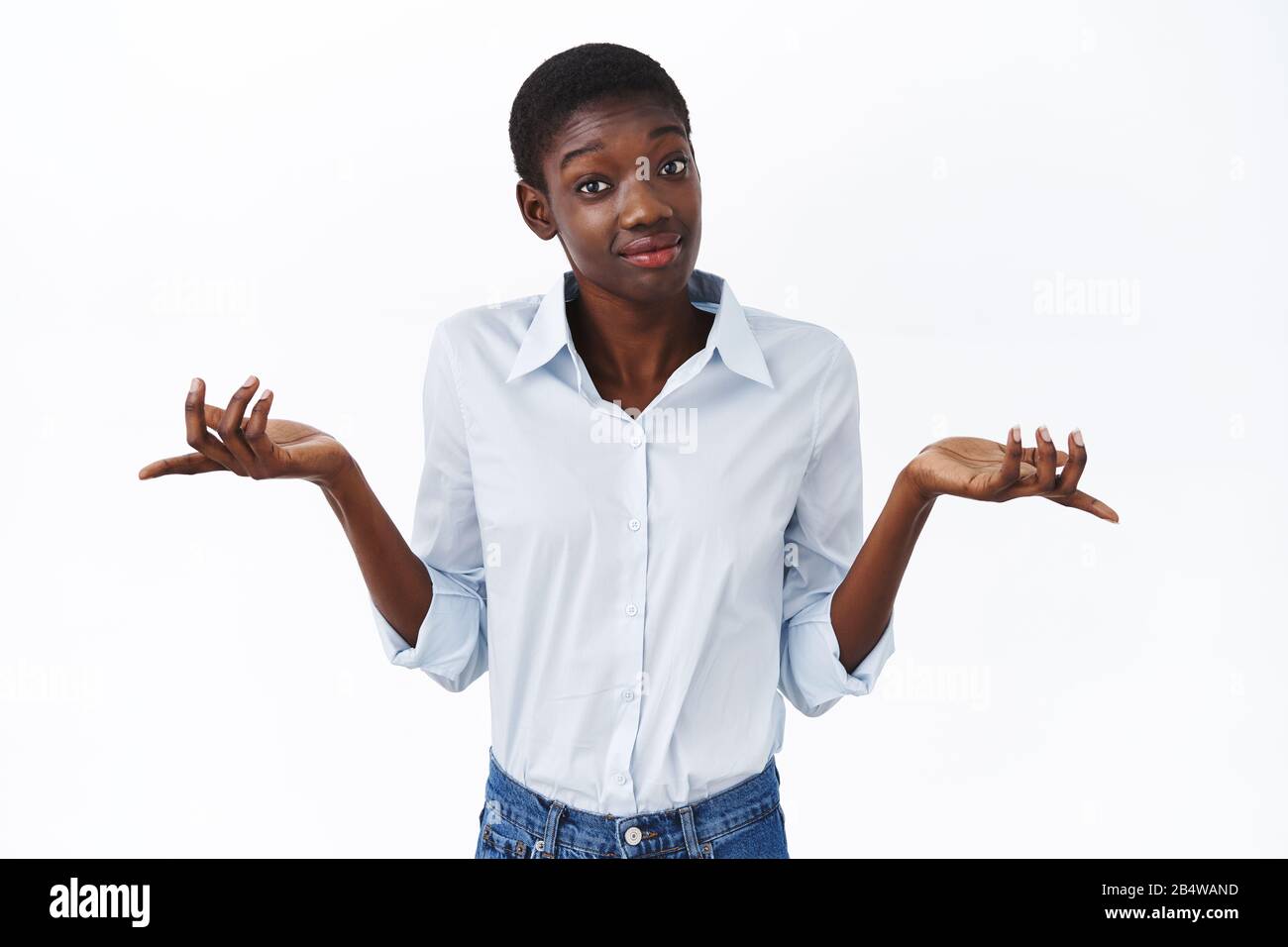 Cute african-american female entrepreneur cant tell what best, shrug ...