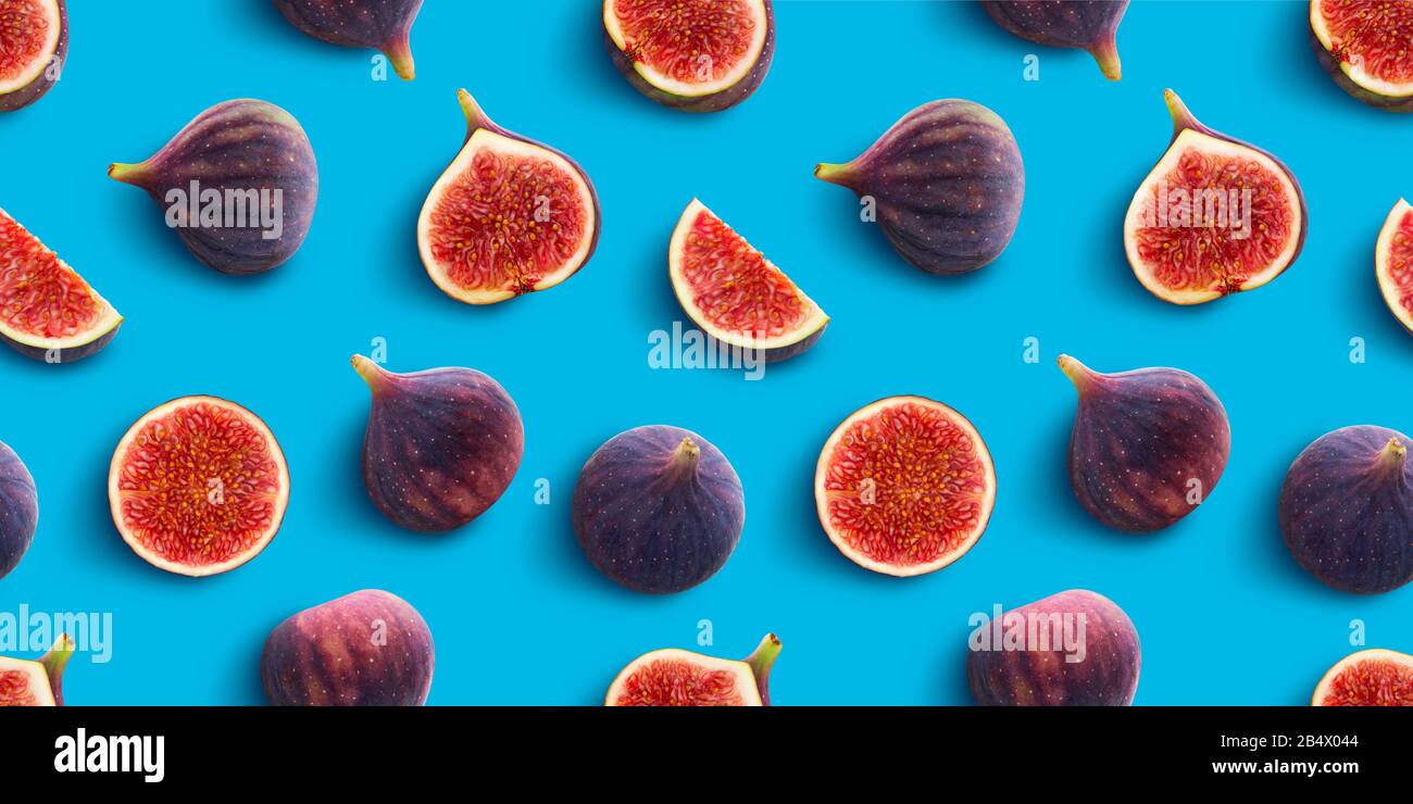 Fresh figs seamless pattern on blue color background, flat lay, top ...