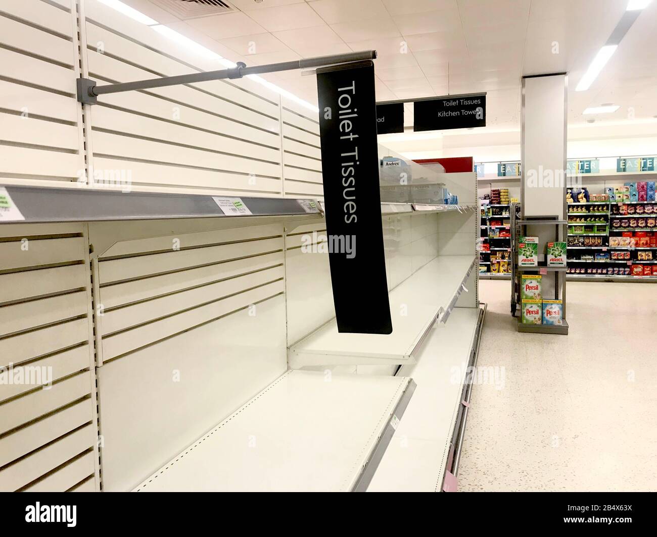 Empty toilet roll shelves in a Waitrose in Maidenhead, Berkshire Stock ...