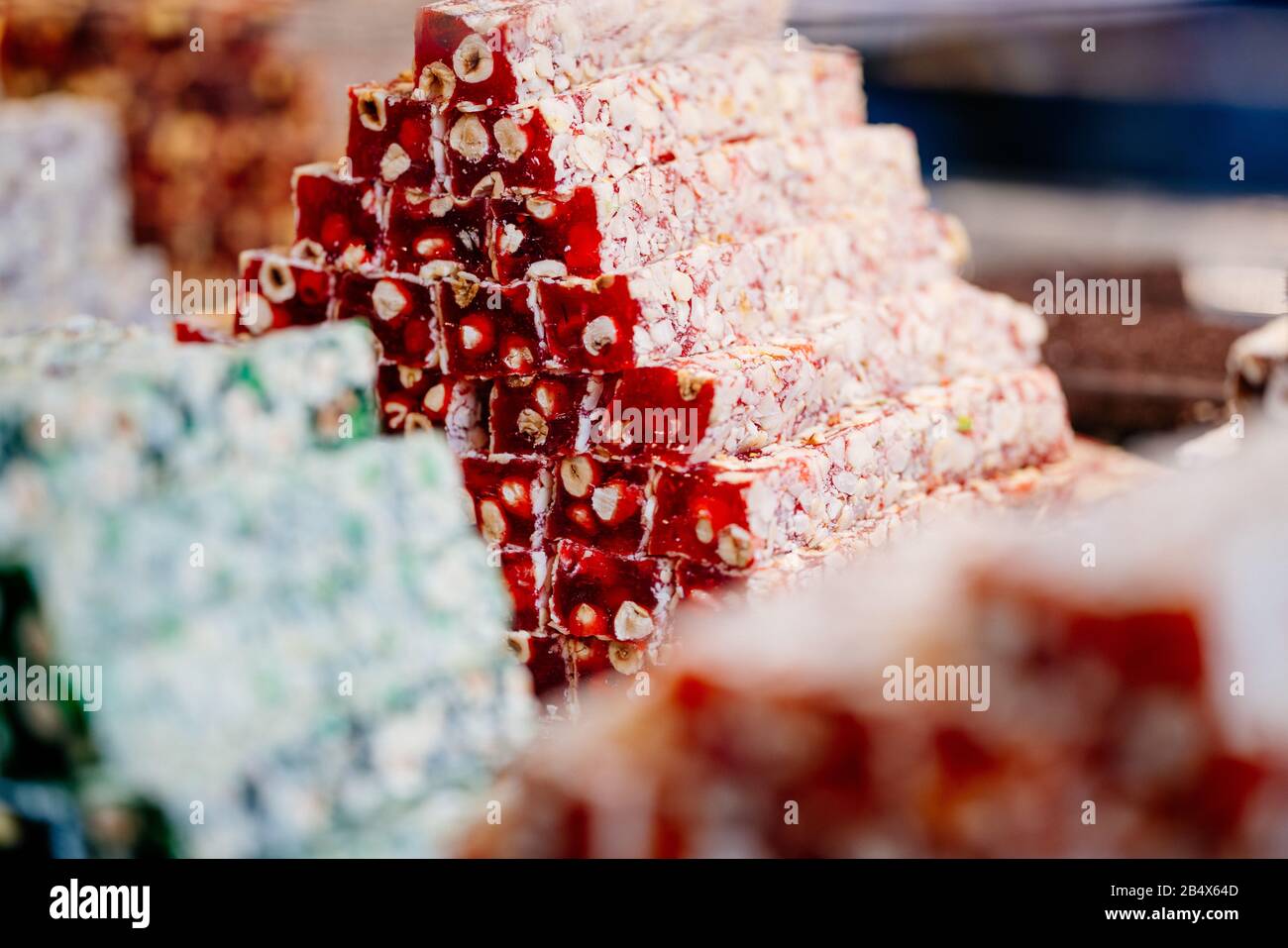 Turkish Delight rolls, sweet food close up in bazaar at Istanbul ...