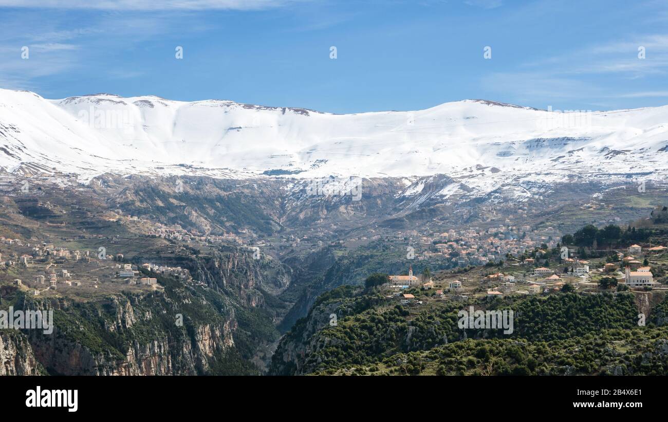 Snow capped mountains, Qadisha valley, Lebanon Stock Photo - Alamy