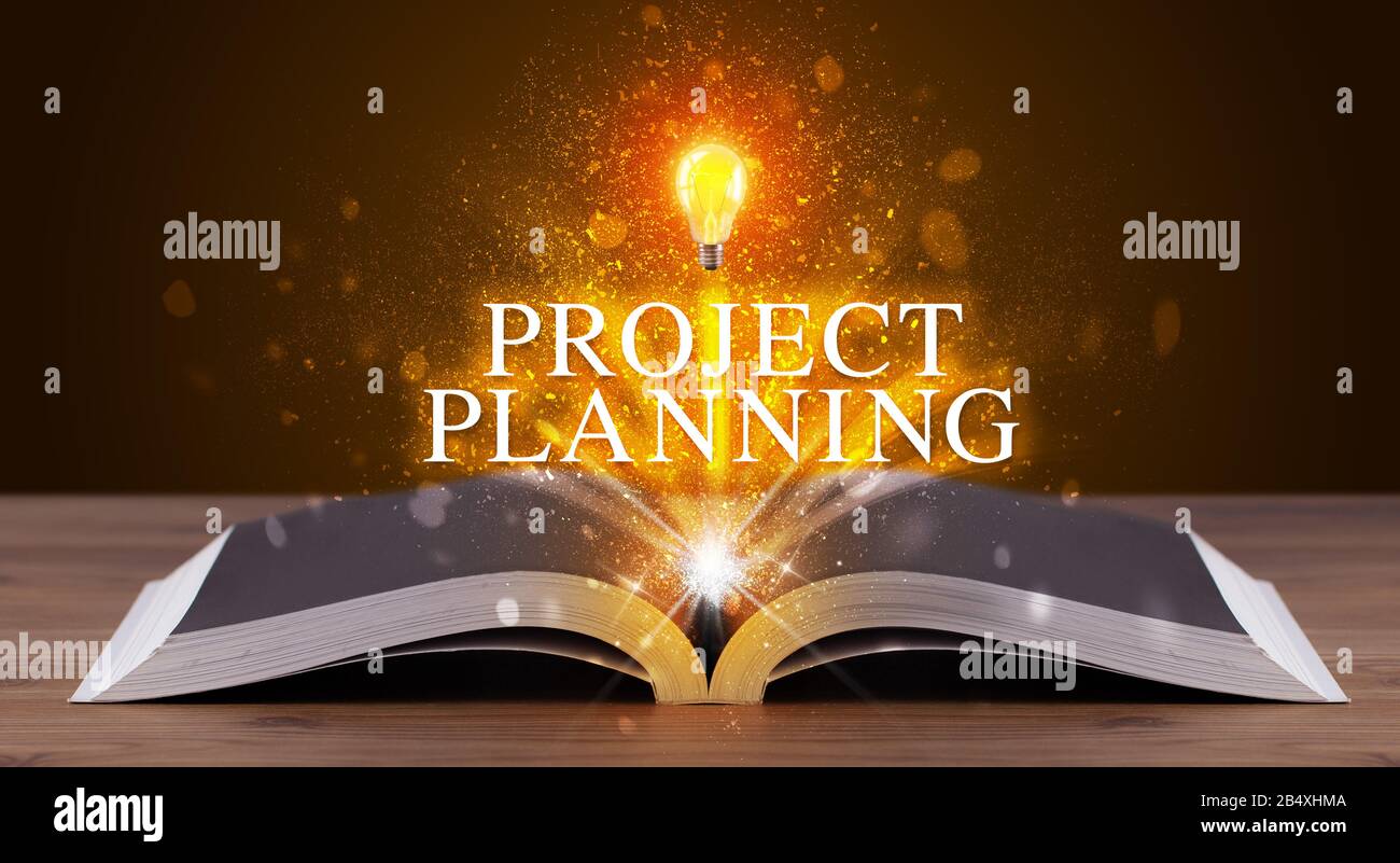 PROJECT PLANNING inscription coming out from an open book, educational ...