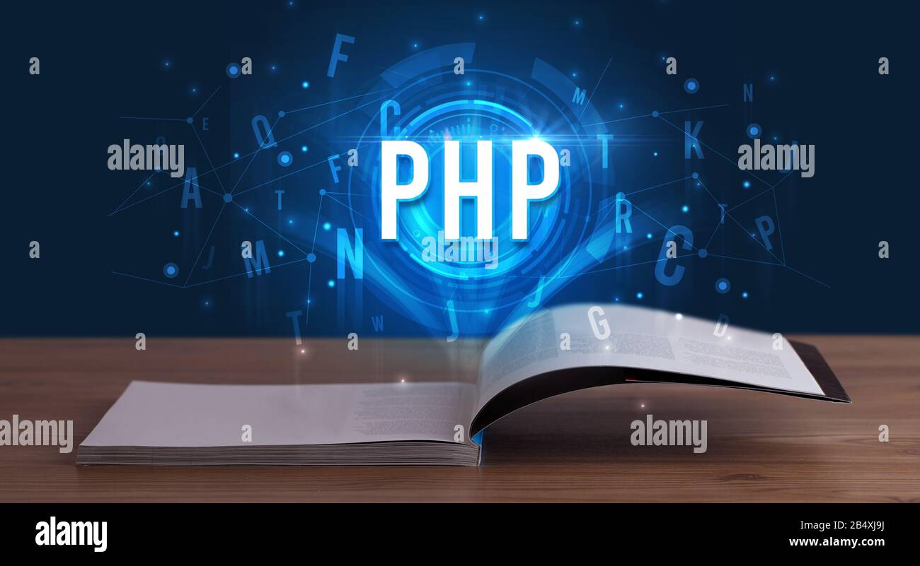 PHP inscription coming out from an open book, digital technology concept Stock Photo - Alamy