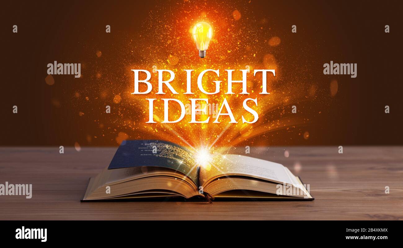 BRIGHT IDEAS inscription coming out from an open book, educational ...