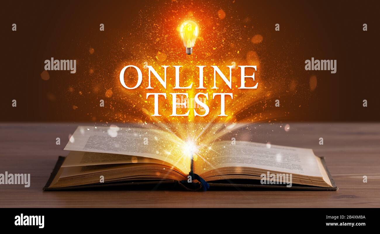 ONLINE TEST inscription coming out from an open book, educational ...