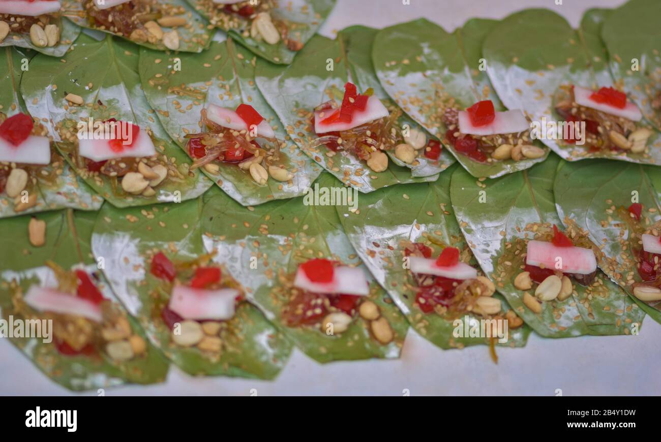 Betel Nut Leaves also known as Kwun-ya or Paan on display Myanmar Stock ...