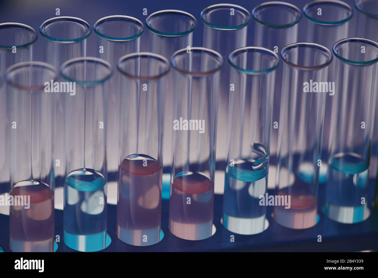 Horizontal high angle close-up shot of laboratory test-tubes with ...