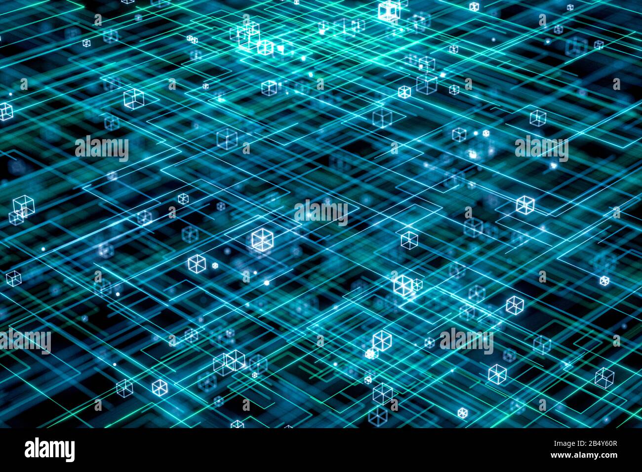 Glowing lines and cubes,data lines and networks ,3d rendering. Computer ...