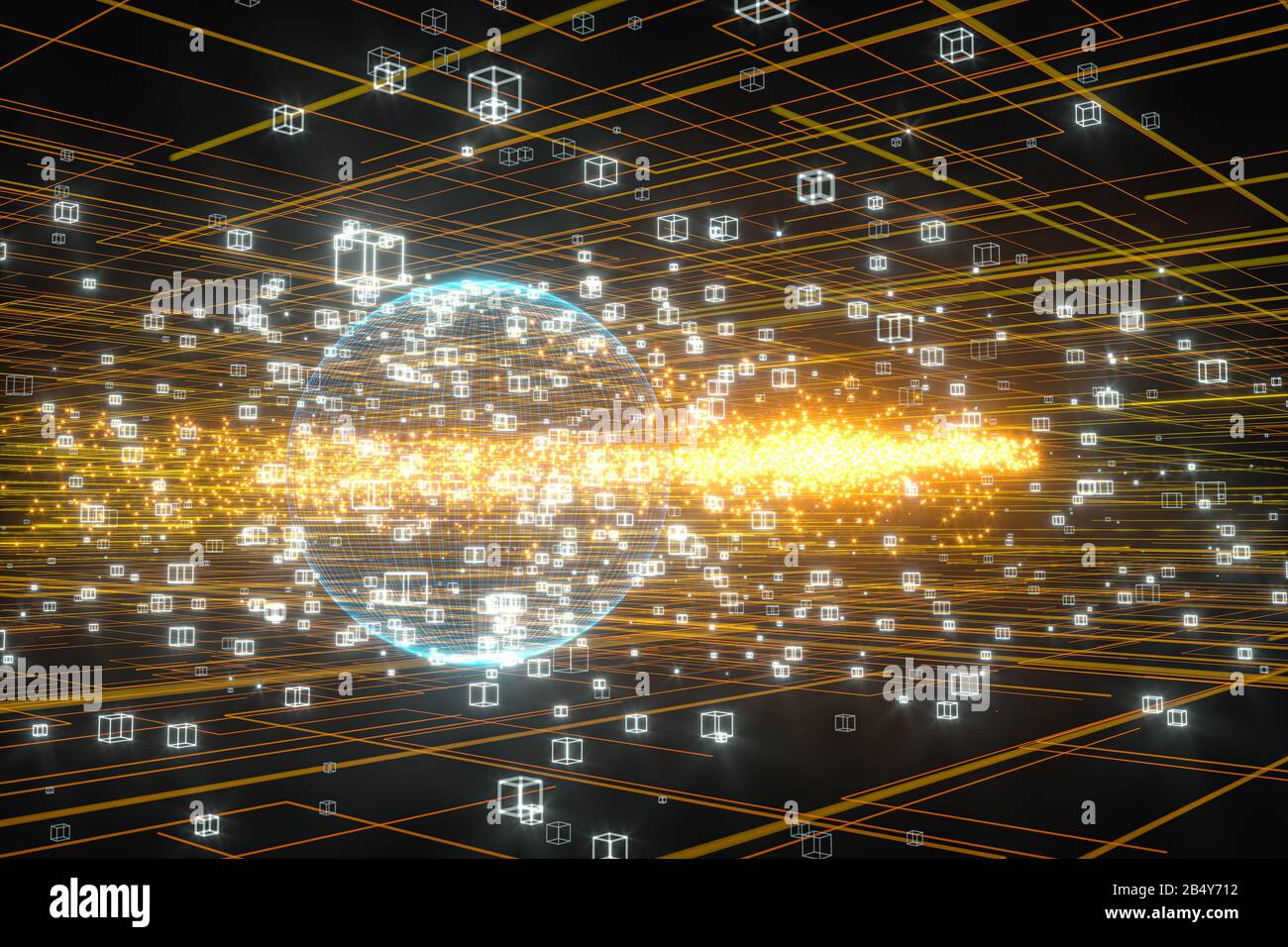 Data lines and earth model,glowing lines and cubes,3d rendering ...