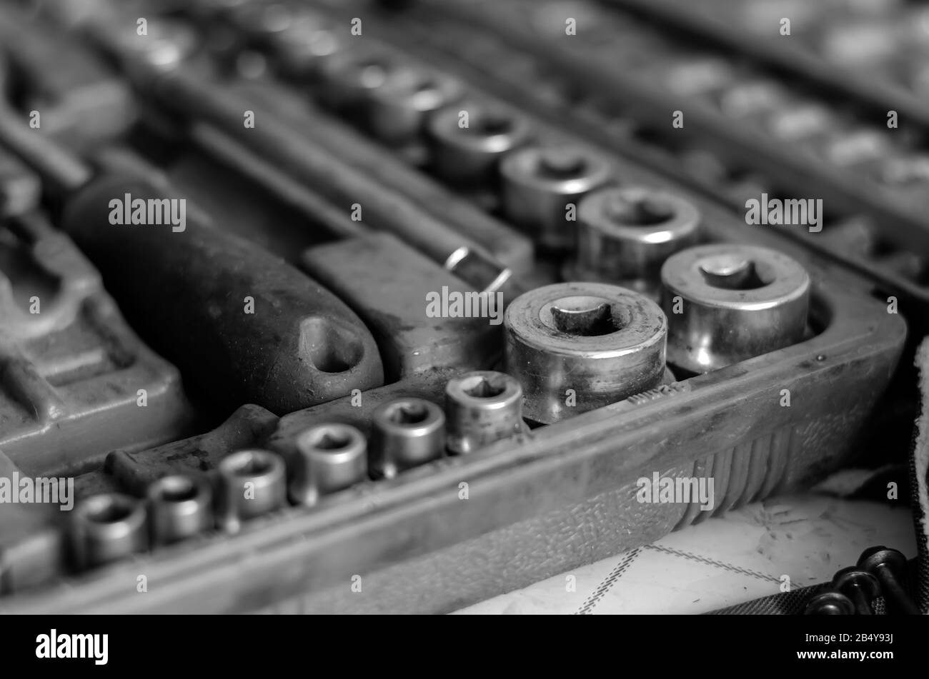 Chrome hand tools with rust marks. Hand tool car mechanic. Eye level ...