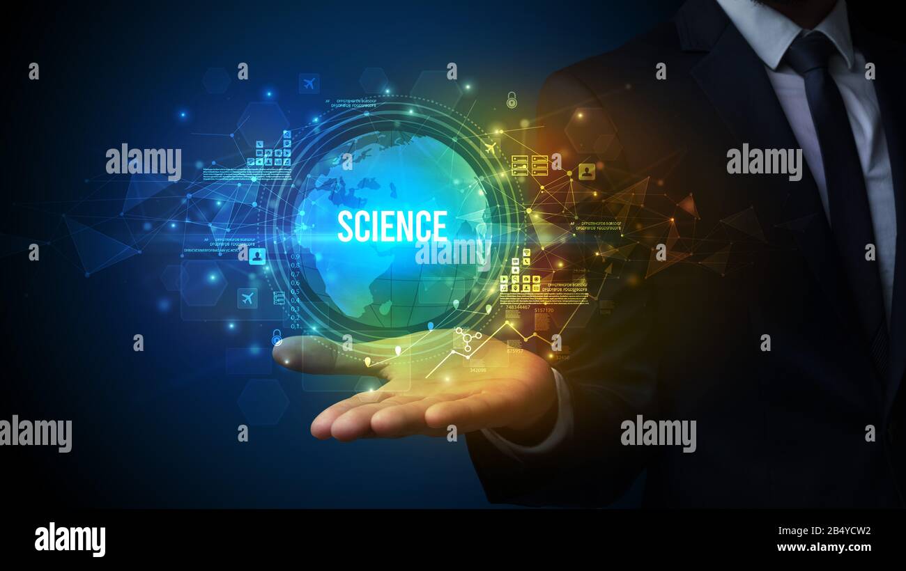 Elegant hand holding SCIENCE inscription, digital technology concept ...