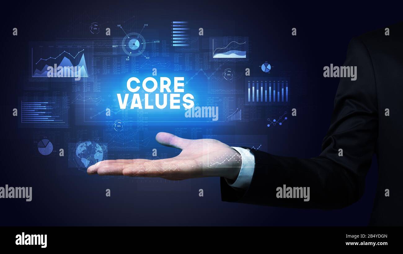 Hand of Businessman holding CORE VALUES inscription, business success ...