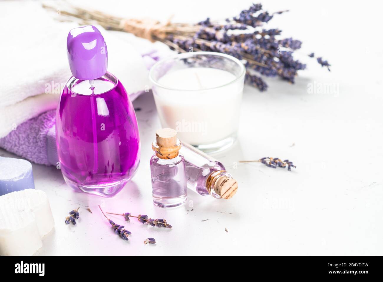 Lavender cosmetics on white background Stock Photo - Alamy