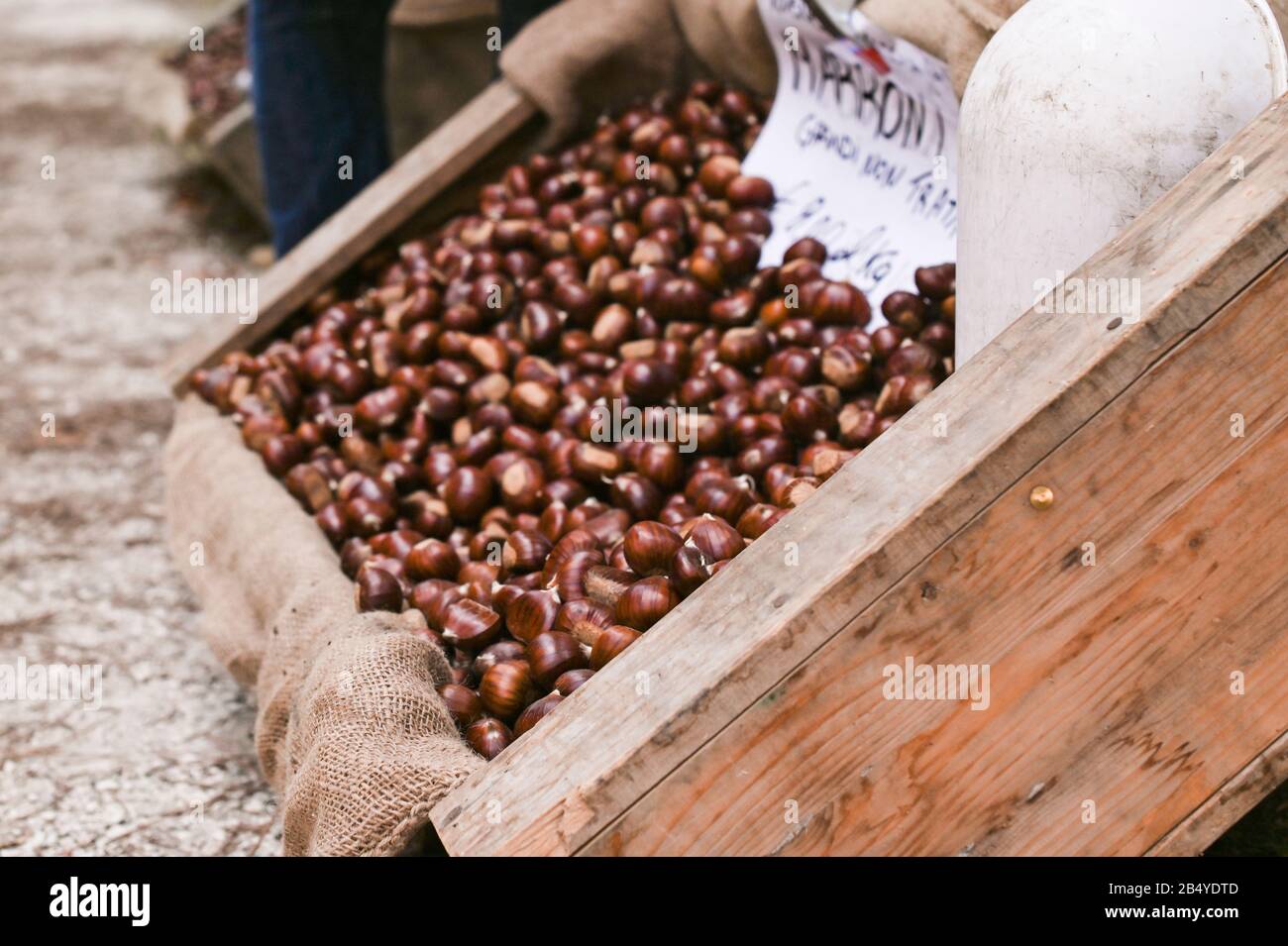 A chest of chestnuts at a food fair. Autumn harvest. Copy space Stock ...