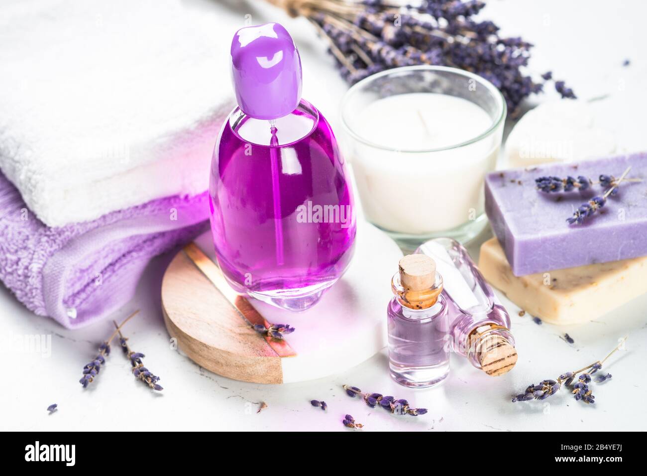 Lavender cosmetics on white background Stock Photo - Alamy