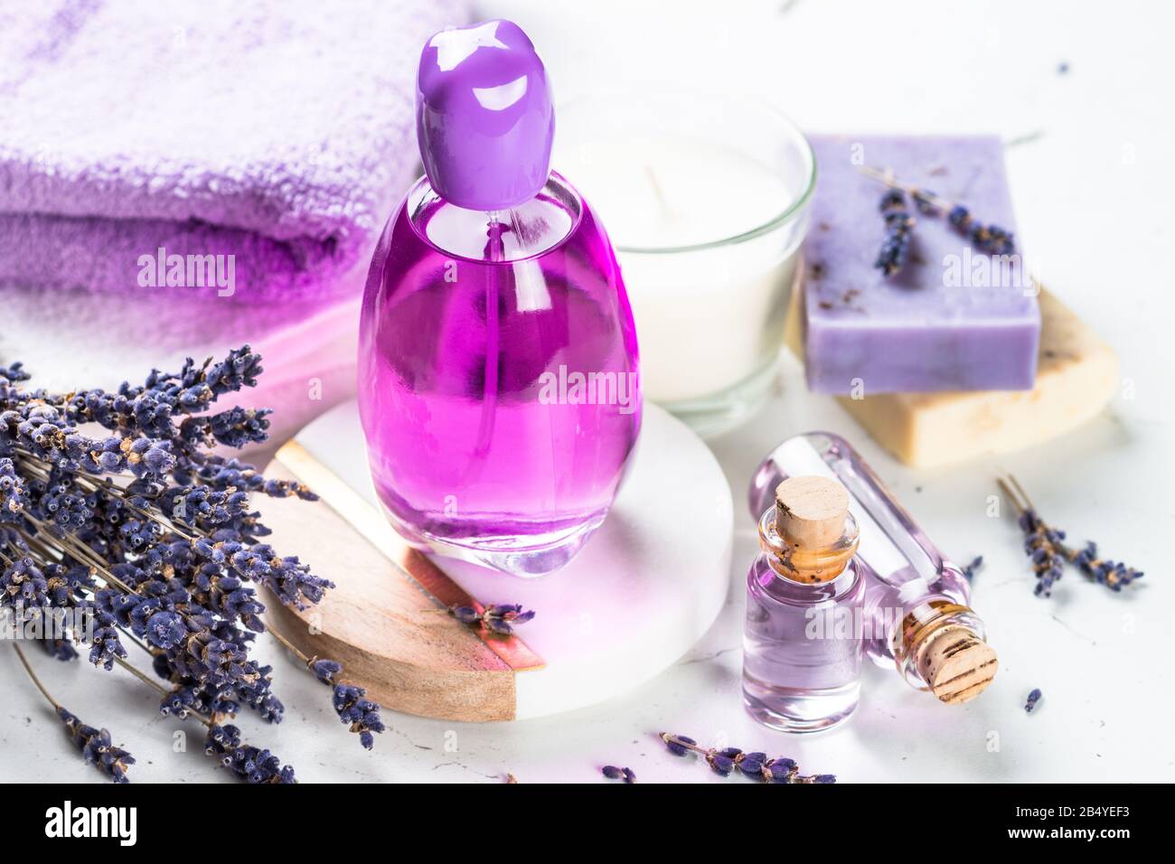 Lavender cosmetics on white background Stock Photo - Alamy