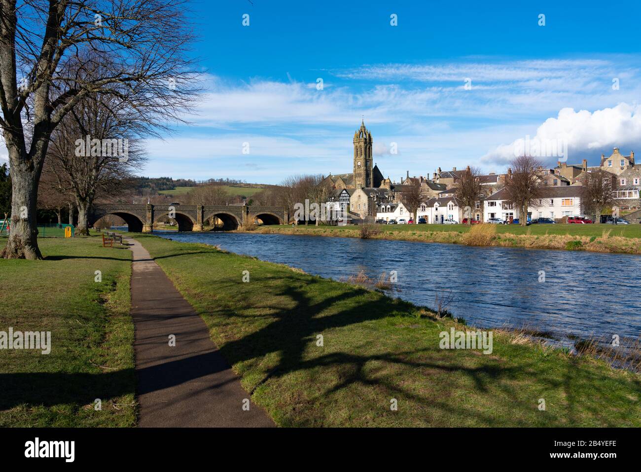 View of River Tweed flowing through town of Peebles in the Scottish ...