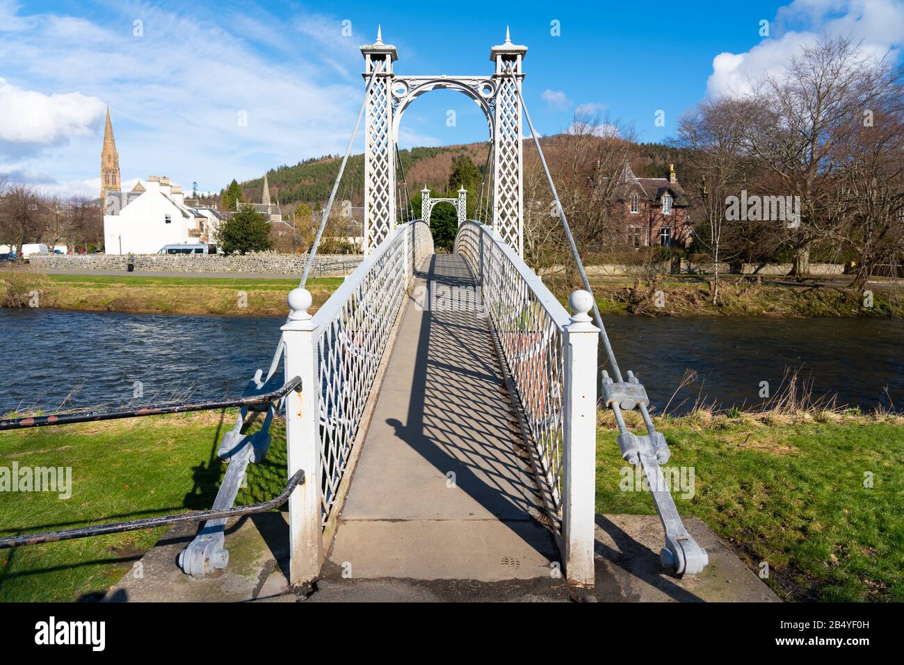 View of River Tweed and Priorsford footbridge in Peebles in the ...