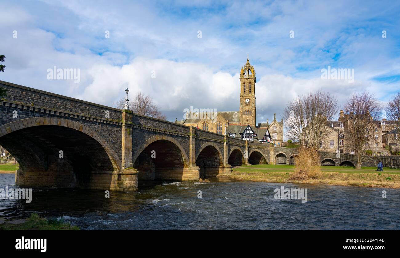 View of Old Parish Church from River Tweed Bridge in Peebles, Scottish ...