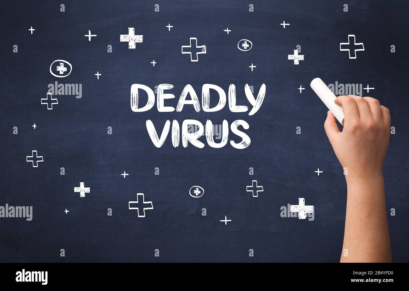 Hand drawing DEADLY VIRUS inscription with white chalk on blackboard ...