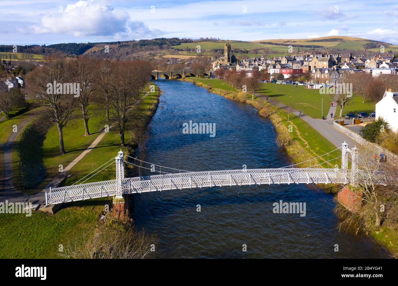 Aerial view of River Tweed flowing through town of Peebles in the ...