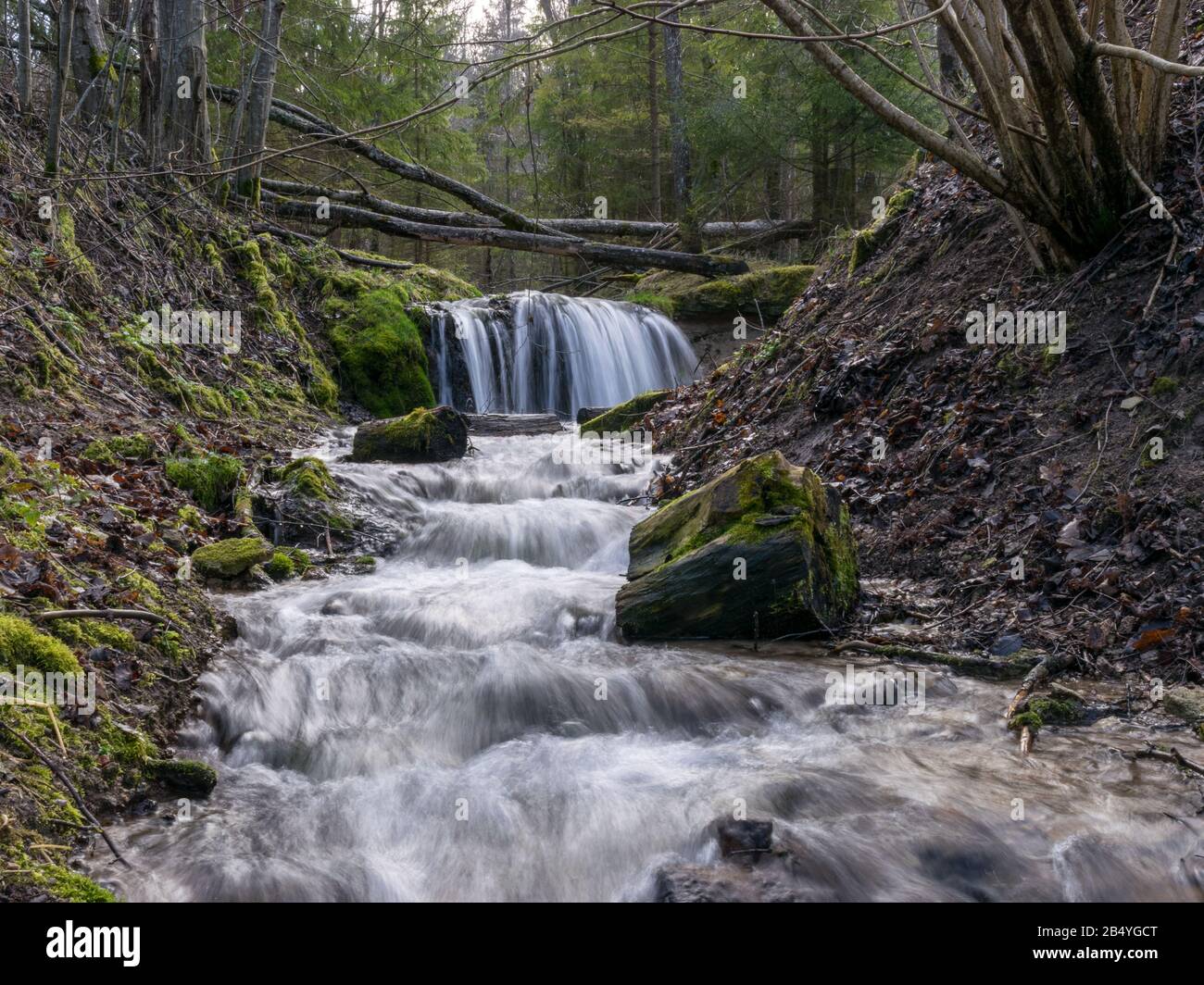 Blurred abstract background of running water, slow flow of water in a ...