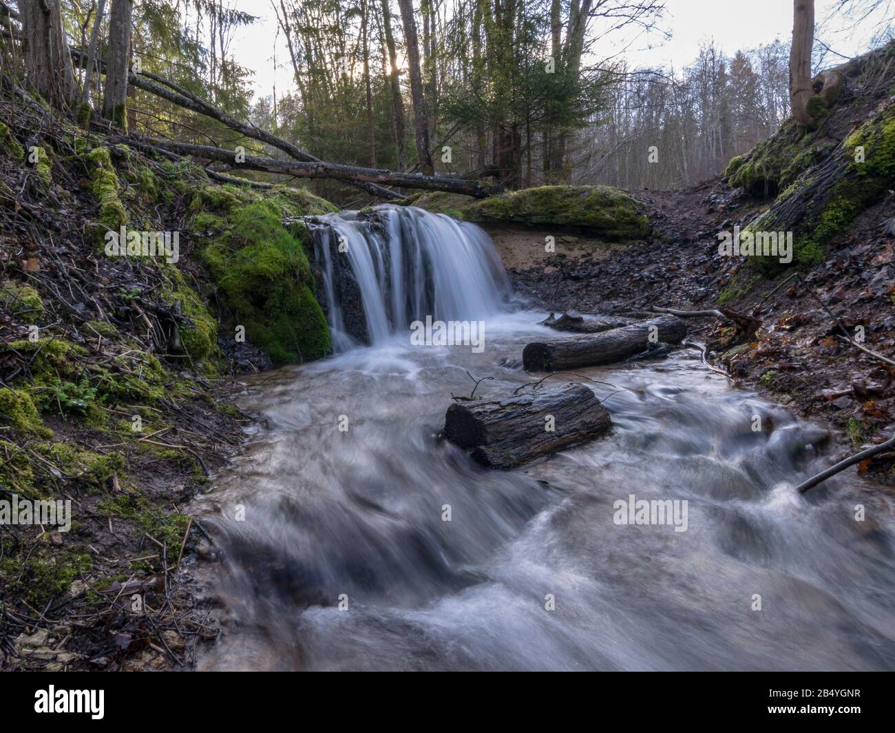 Blurred abstract background of running water, slow flow of water in a ...