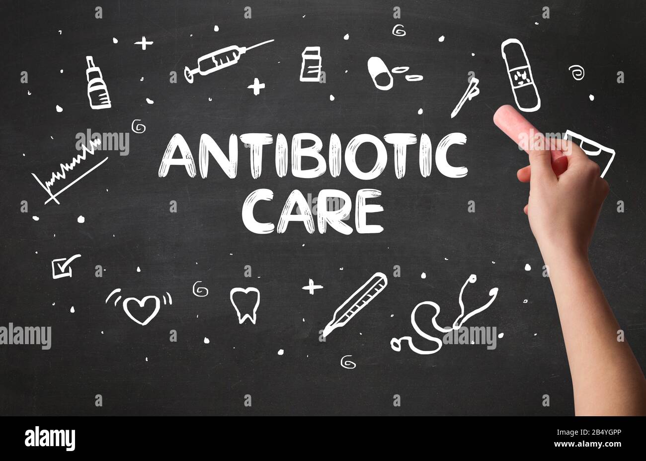 Hand drawing ANTIBIOTIC CARE inscription with white chalk on blackboard ...