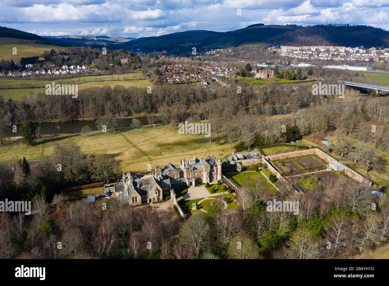Aerial view of Abbotsford House former home of Sir Walter Scott near ...