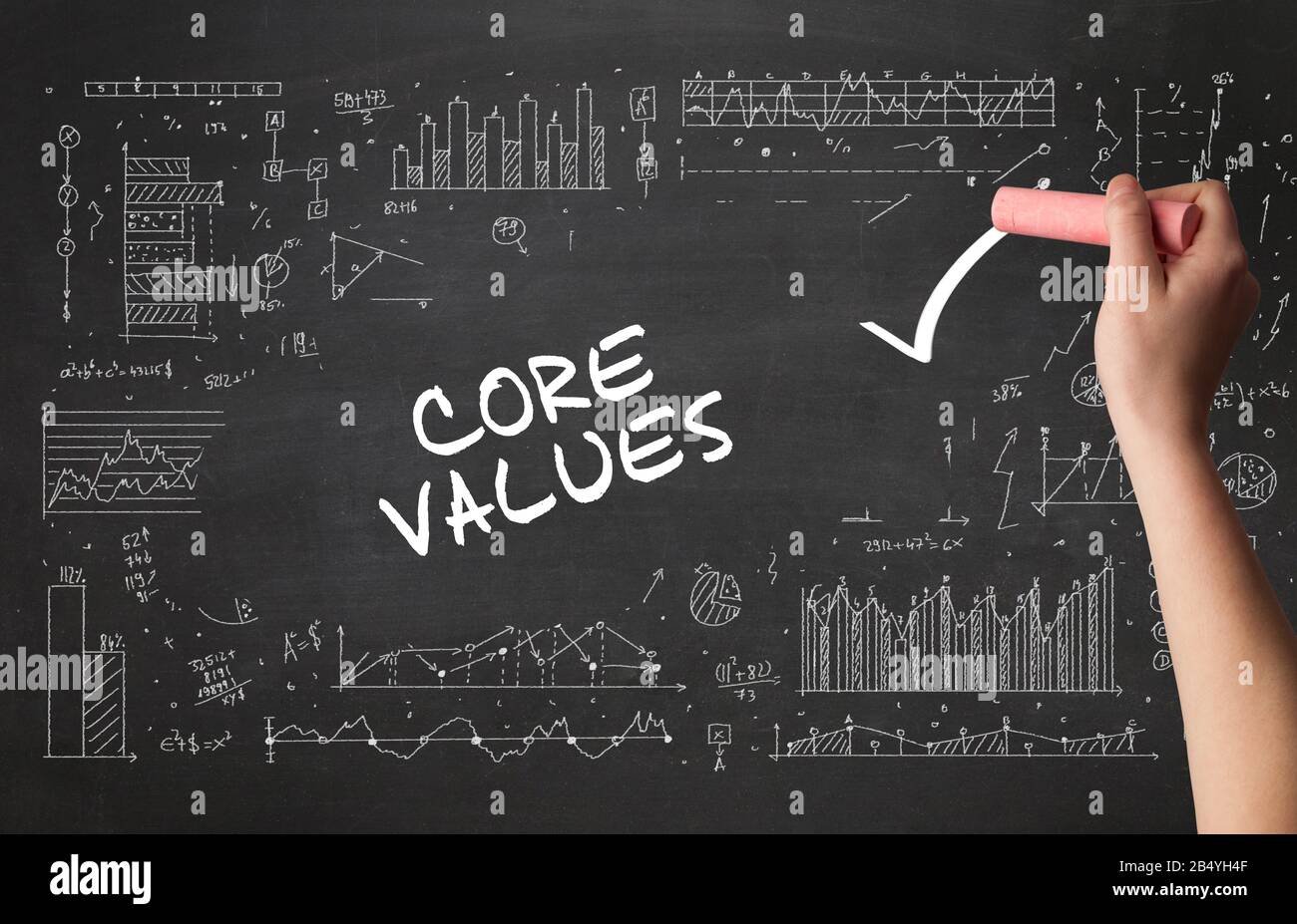 Hand drawing CORE VALUES inscription with white chalk on blackboard ...