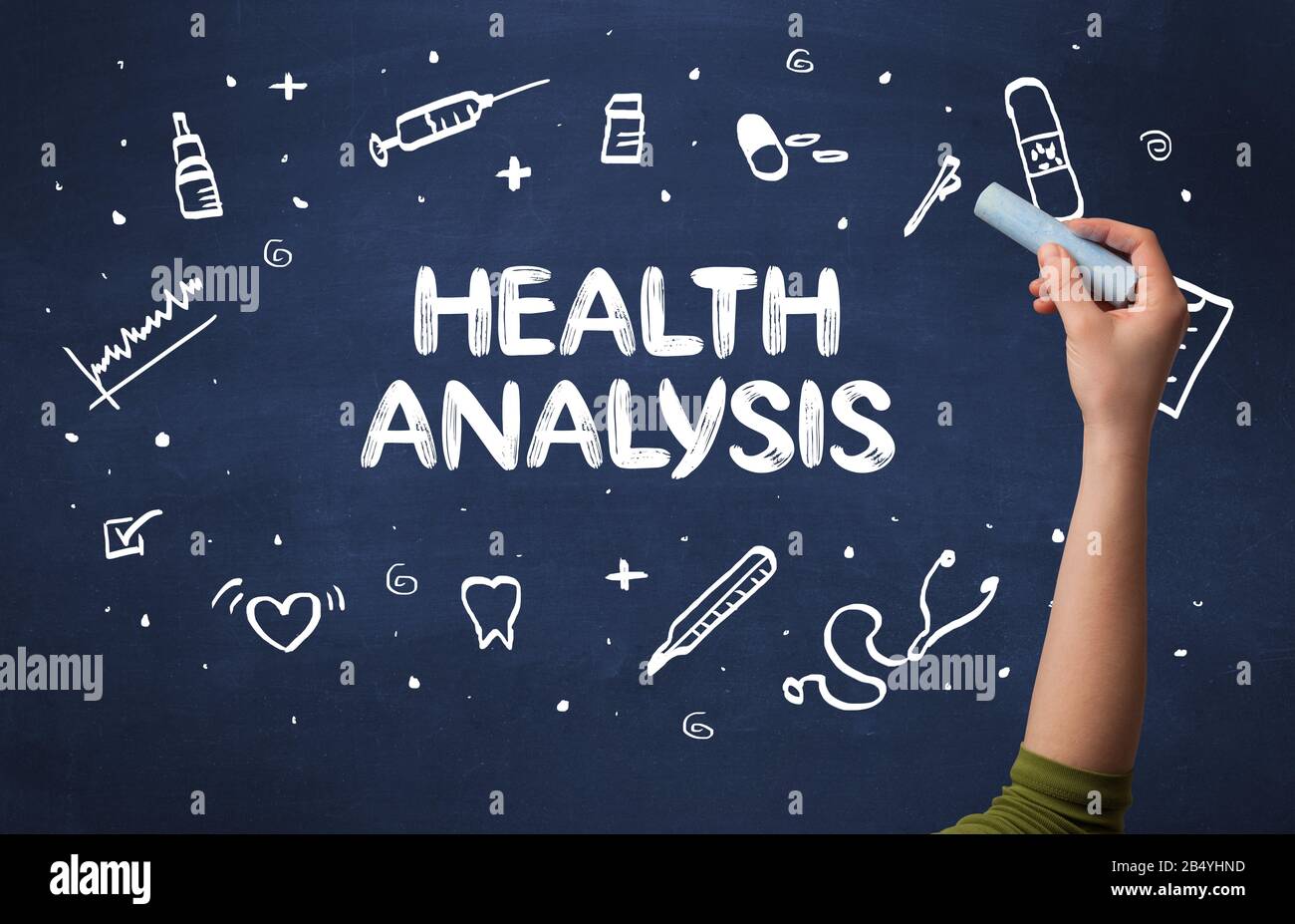 Hand drawing HEALTH ANALYSIS inscription with white chalk on blackboard ...