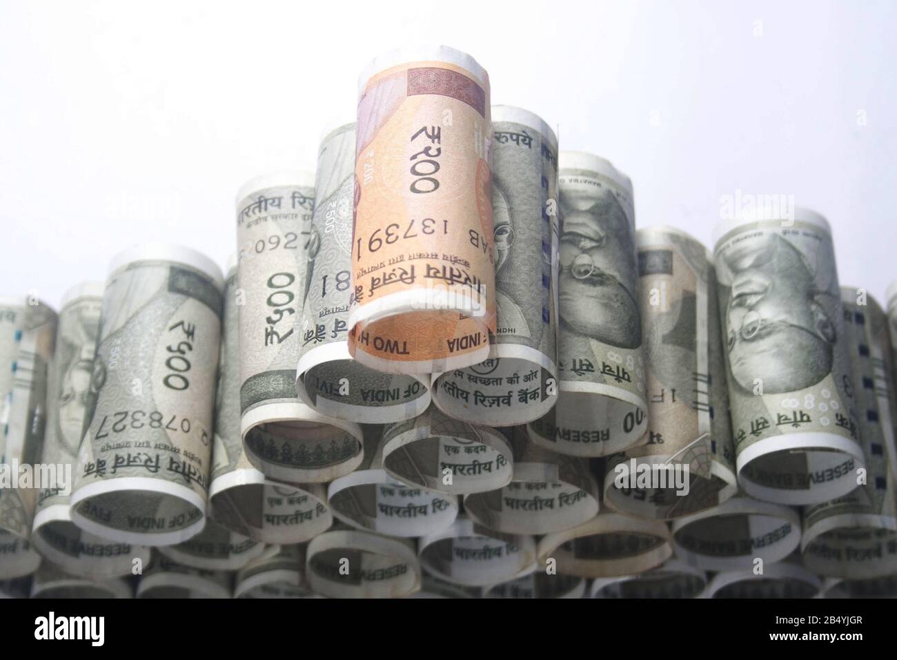 Indian new 200 and 500 Rs Currency Note.rolling and band rupees Stock ...