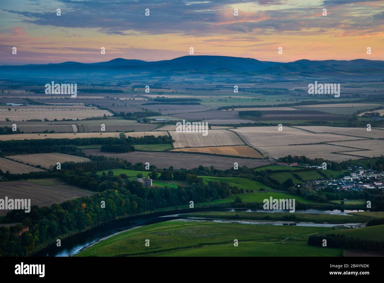 An aerial view of the Cheviot Hills with the River Tweed and Norham ...