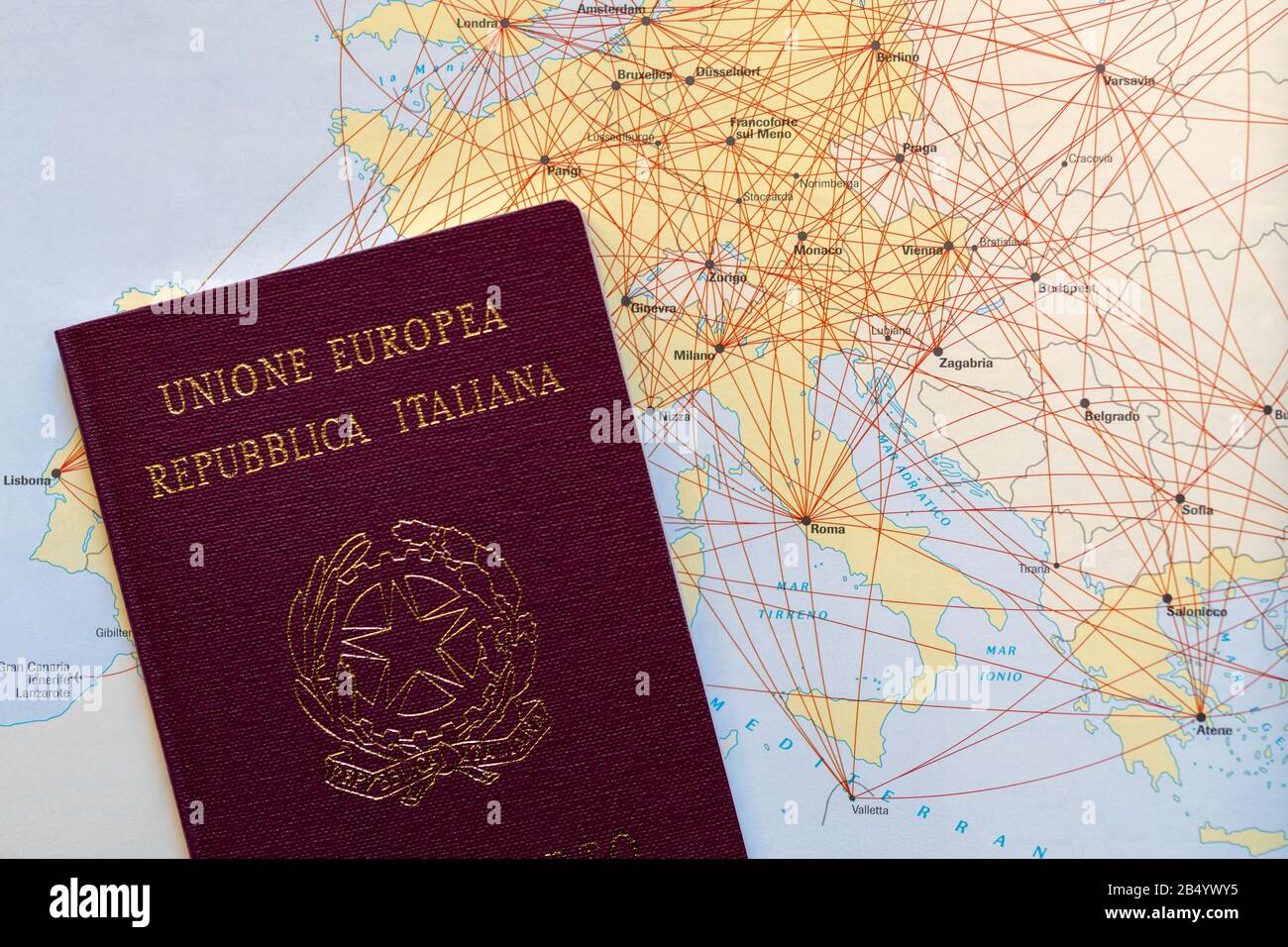 Italian passport with European air route map. Close-up view Stock Photo ...